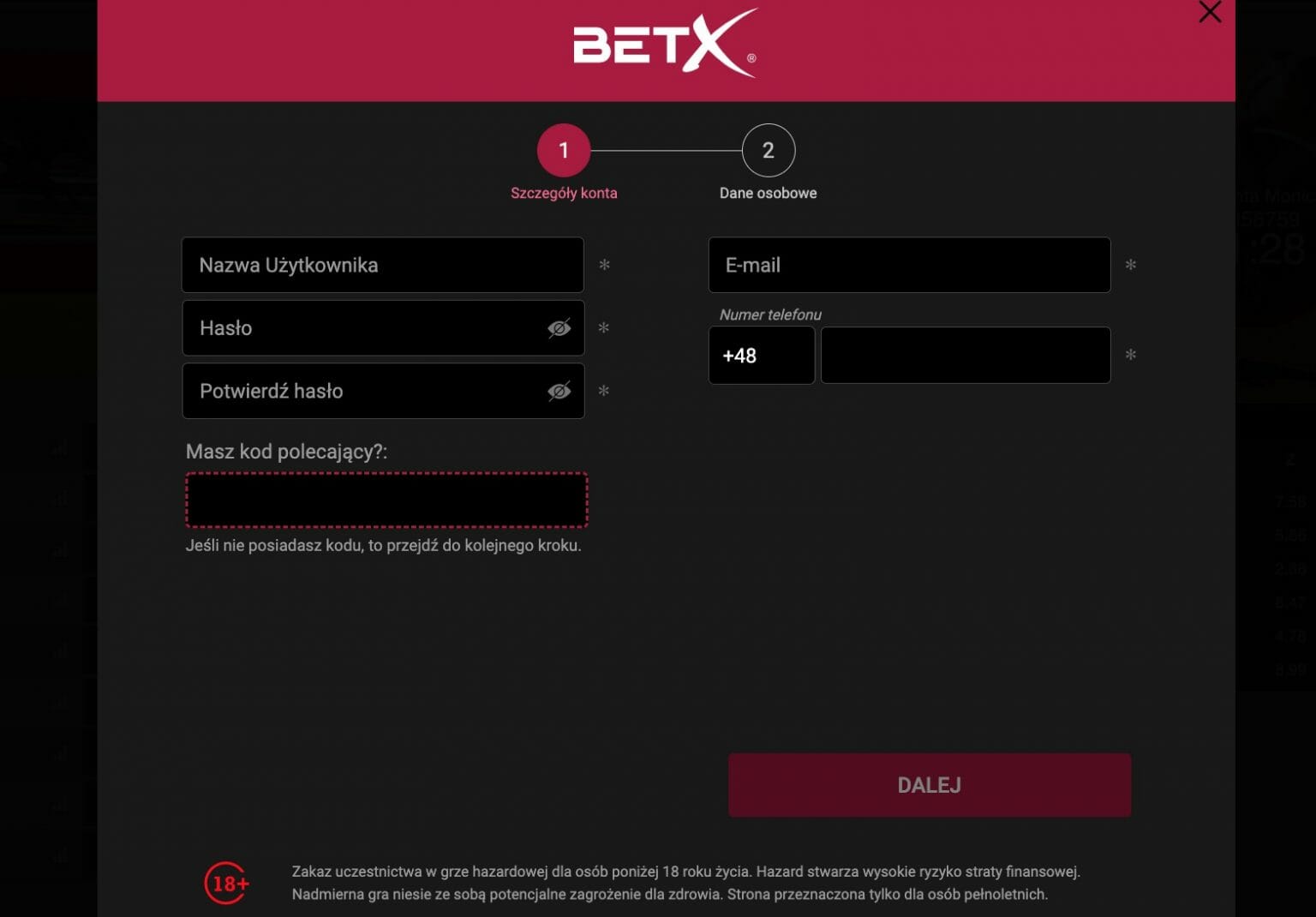BetX rejestracja – warunki założenia konta osobistego